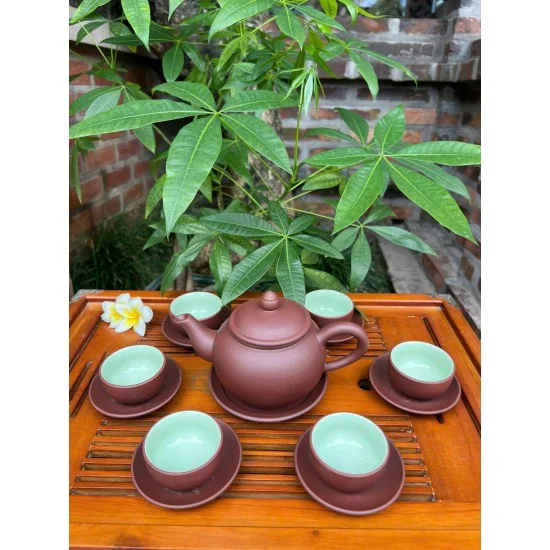 Ấm chén tử sa Bát Tràng chuông nâu lòng xanh AC91A-Shop gốm online
