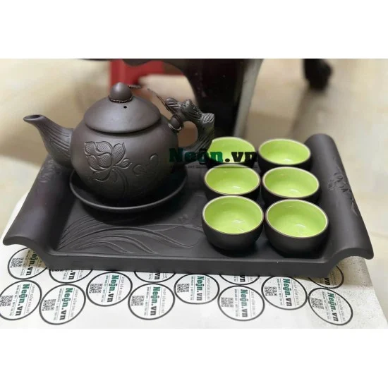 Ấm chén gốm tử sa Bát Tràng khắc sen quai đắp khay hình chữ nhật AC95A ...